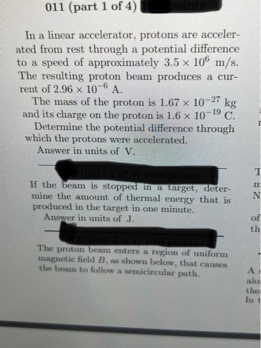 Solved 011 (part 1 of 4 In a linear accelerator, protons are | Chegg.com