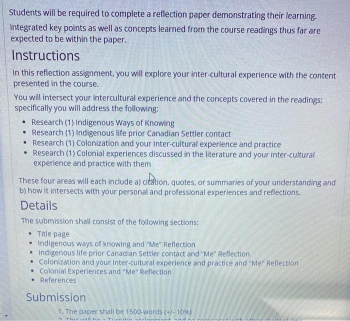 Students will be required to complete a reflection | Chegg.com