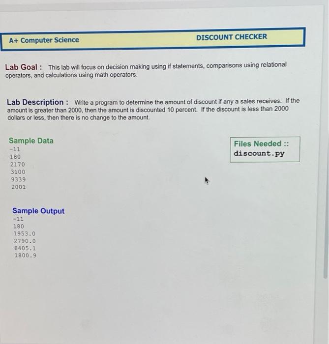 Solved A+ Computer Science DISCOUNT CHECKER Lab Goal: This | Chegg.com