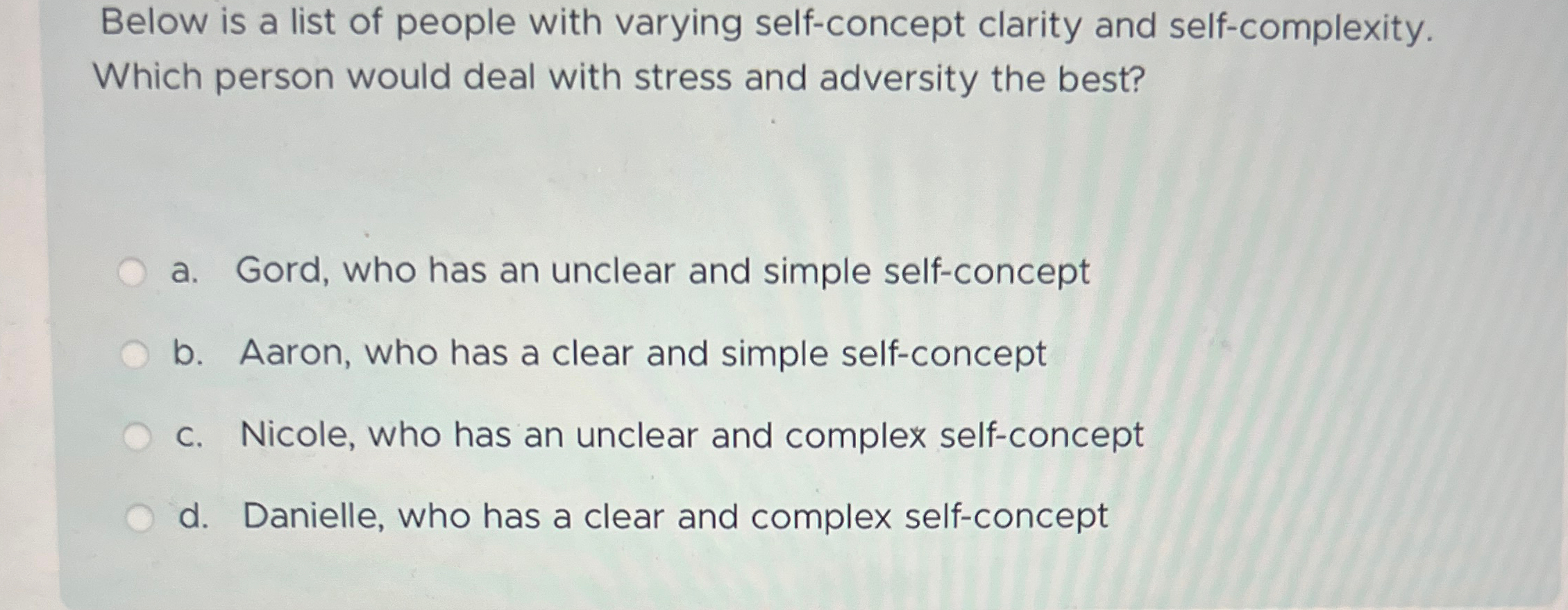 Solved Below is a list of people with varying self-concept | Chegg.com