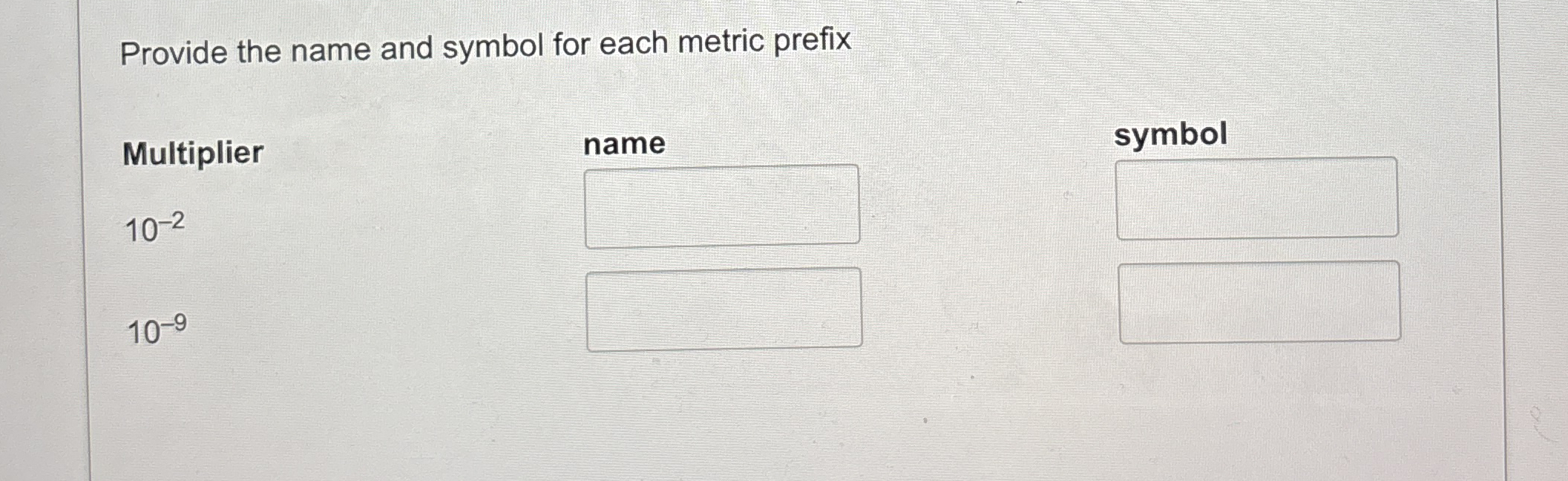 Provide the name and symbol for each metric | Chegg.com