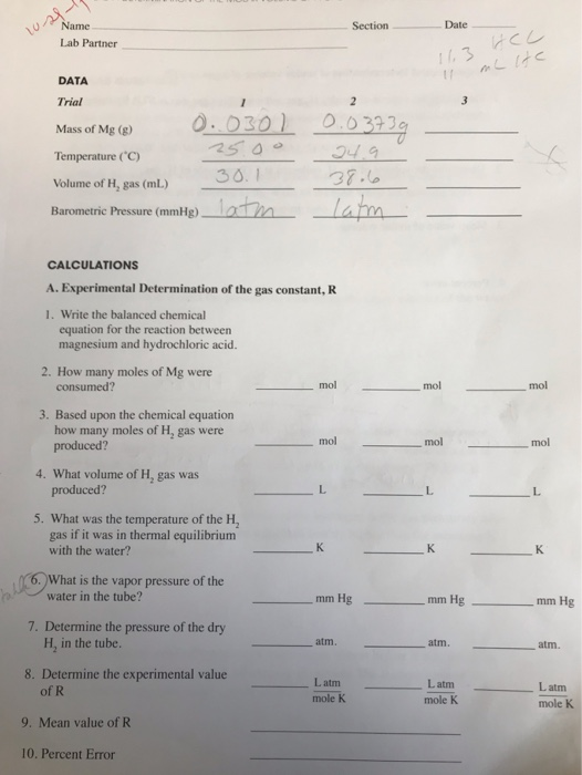 Solved Section - Date Name Lab Partner DATA Trial Mass of Mg | Chegg.com