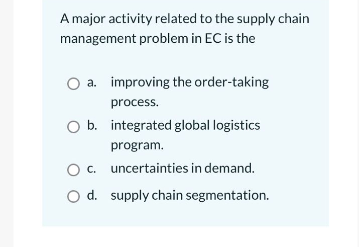 Solved A major activity related to the supply chain | Chegg.com