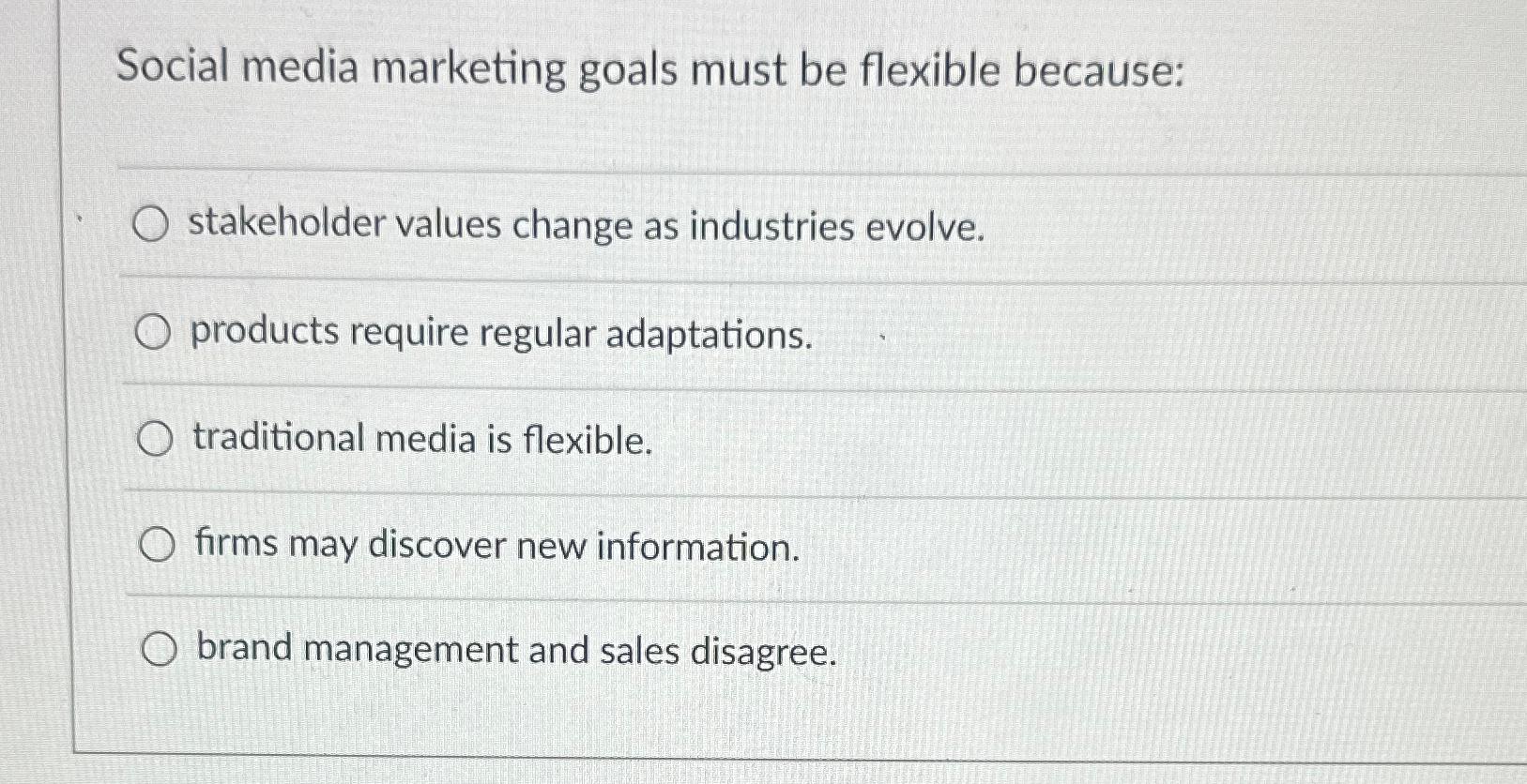 Solved Social media marketing goals must be flexible | Chegg.com