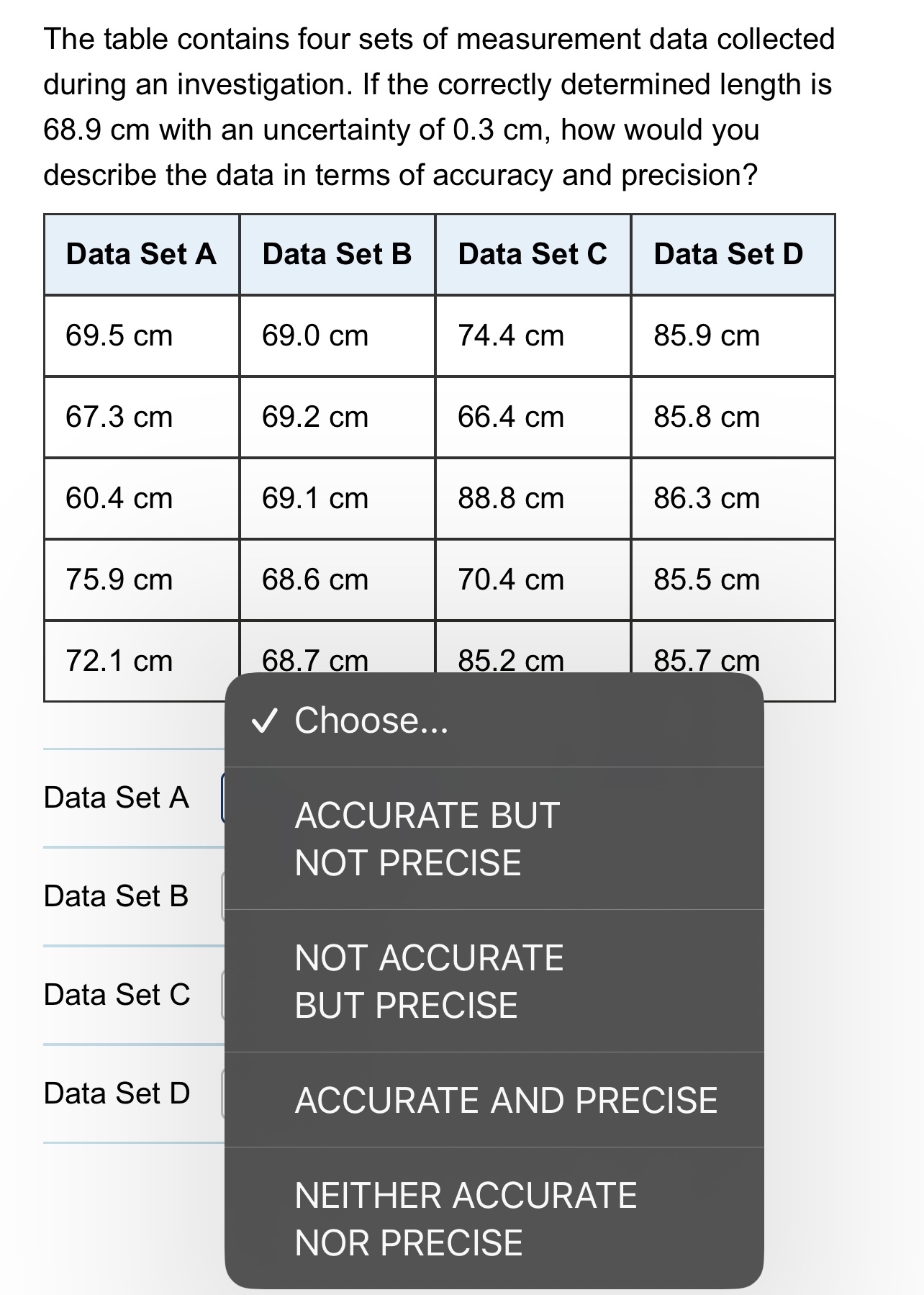The table contains four sets of measurement data | Chegg.com