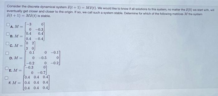 Solved Consider the discrete dynamical system ä(t+1) = | Chegg.com