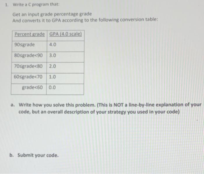 Solved 1. Write a C program that: Get an input grade | Chegg.com