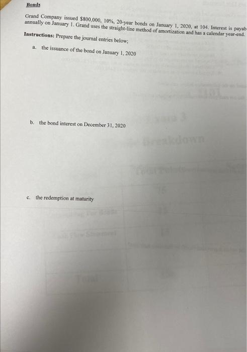 b. the bond interest on December 31,2020 c. the | Chegg.com
