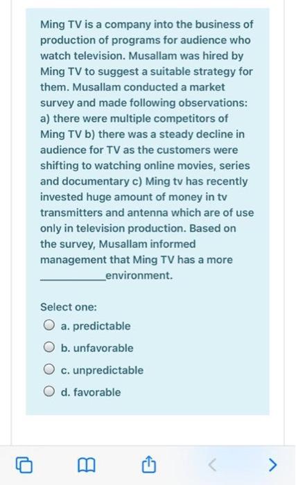 Solved Ming TV is a company into the business of production | Chegg.com