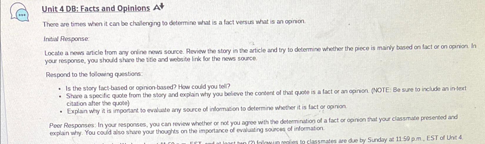 Solved Unit 4 ﻿DB: Facts and Opinions AThere are times when | Chegg.com