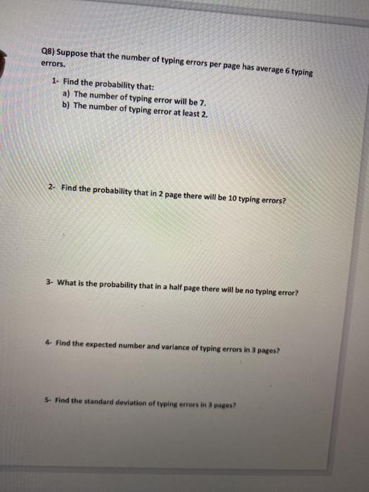 Solved Q8) Suppose that the number of typing errors per page | Chegg.com