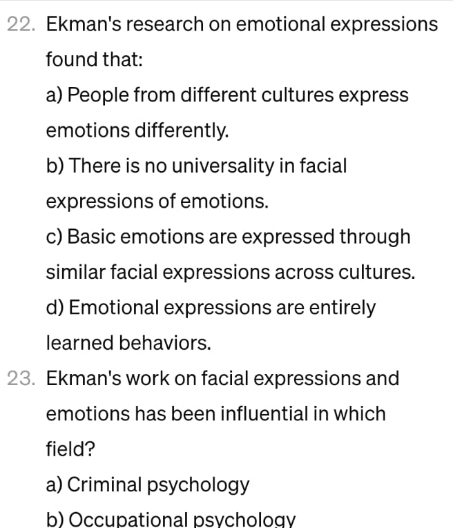 Solved Ekman's research on emotional expressions found | Chegg.com
