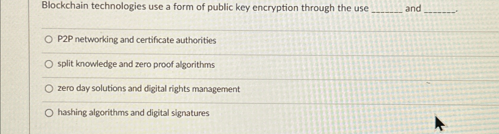 Solved Blockchain technologies use a form of public key | Chegg.com