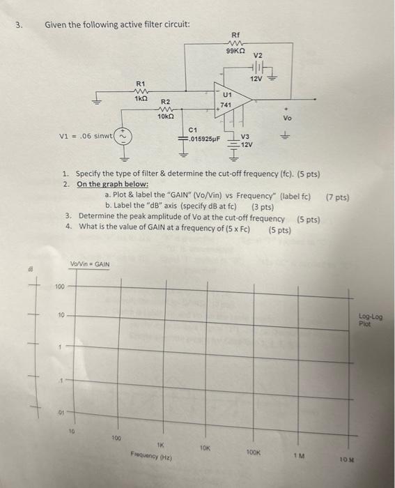Solved 3. Given the following active filter circuit: 1. | Chegg.com