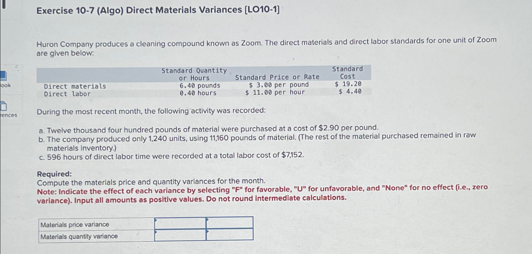 Solved Exercise 10-7 (Algo) ﻿Direct Materials Variances | Chegg.com