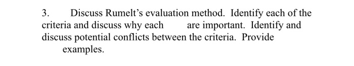 Solved 3. Discuss Rumelt's evaluation method. Identify each | Chegg.com