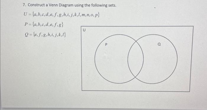 Solved 7. Construct a Venn Diagram using the following sets. | Chegg.com