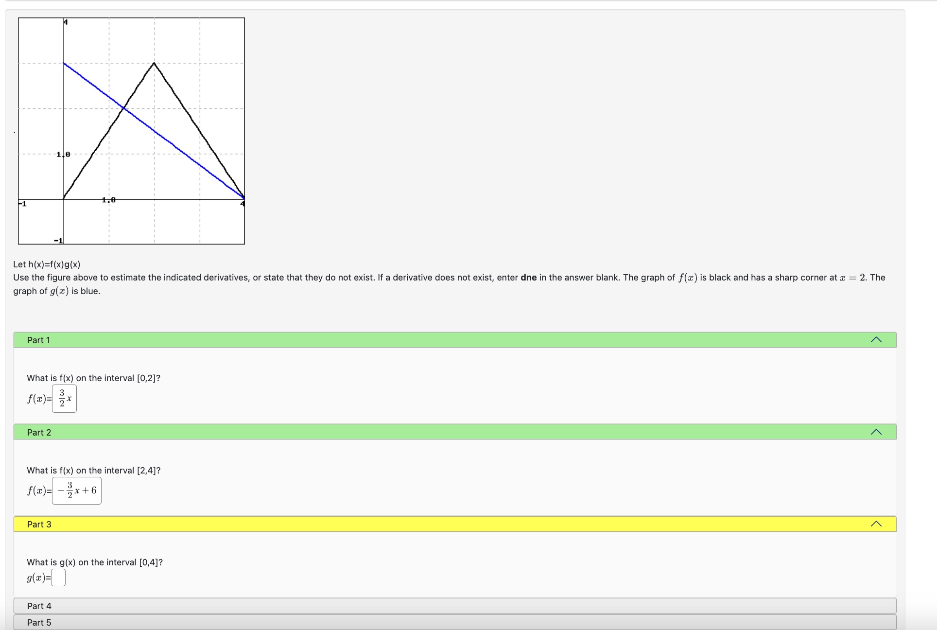 Solved Let h(x)=f(x)g(x)graph of g(x) ﻿is blue.Part 1What is | Chegg.com