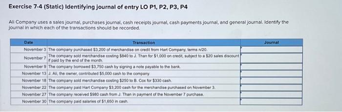 Solved Exercise 7-4 (Static) Identifying journal of entry LO | Chegg.com