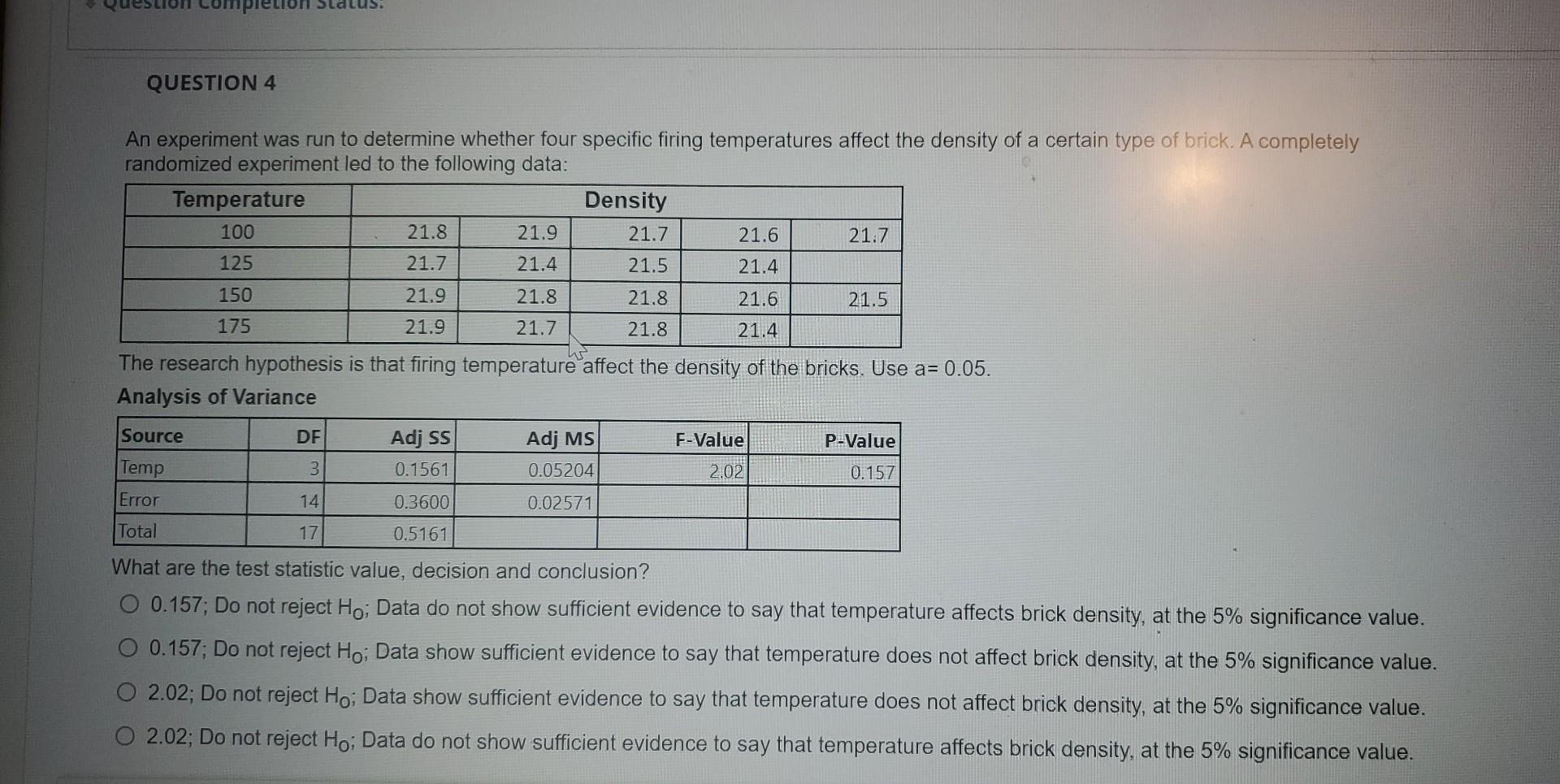 Solved An experiment was run to determine whether four | Chegg.com
