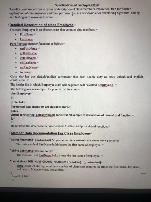 Solved Specifications of Employee Classe Specifications are | Chegg.com