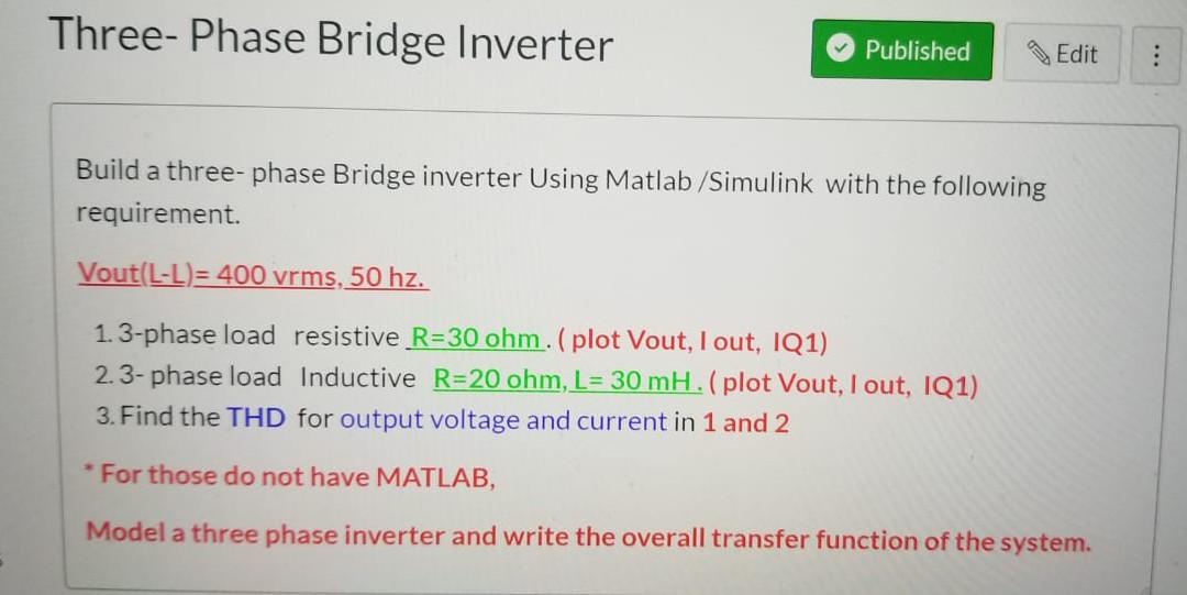 Solved Three-Phase Bridge Inverter Published Edit Build a | Chegg.com