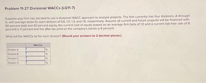 Solved Problem 11-27 Divisional WACCs (LG11-7) Suppose your | Chegg.com