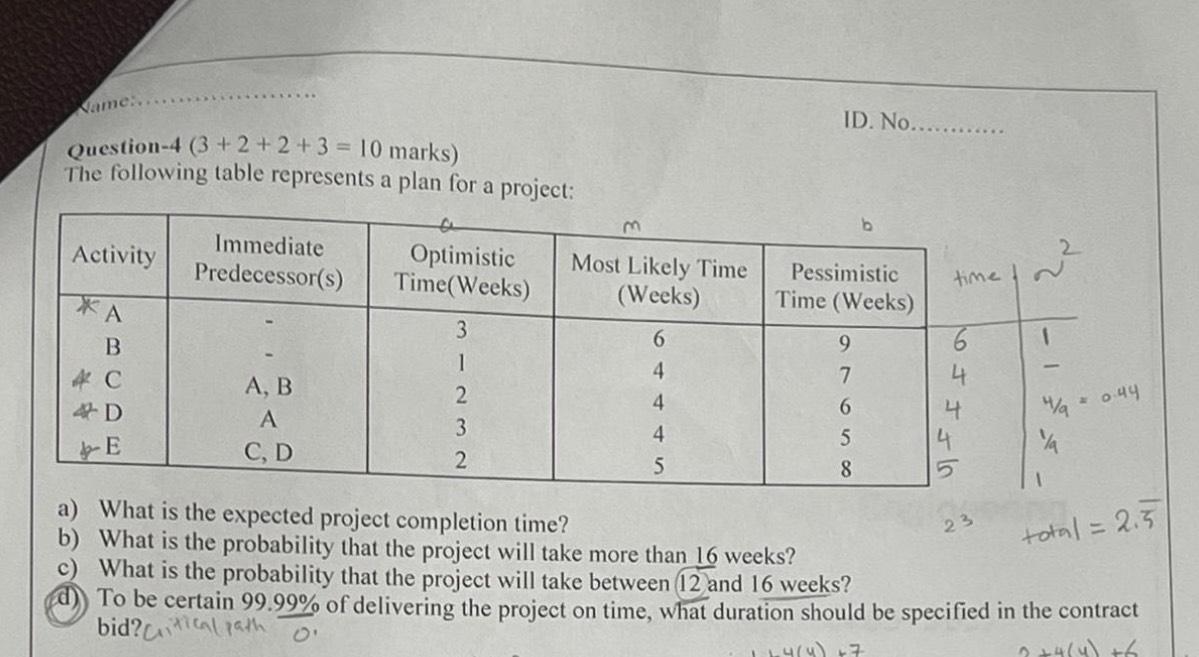 Solved A) ﻿What is the expected project completion time?B) | Chegg.com