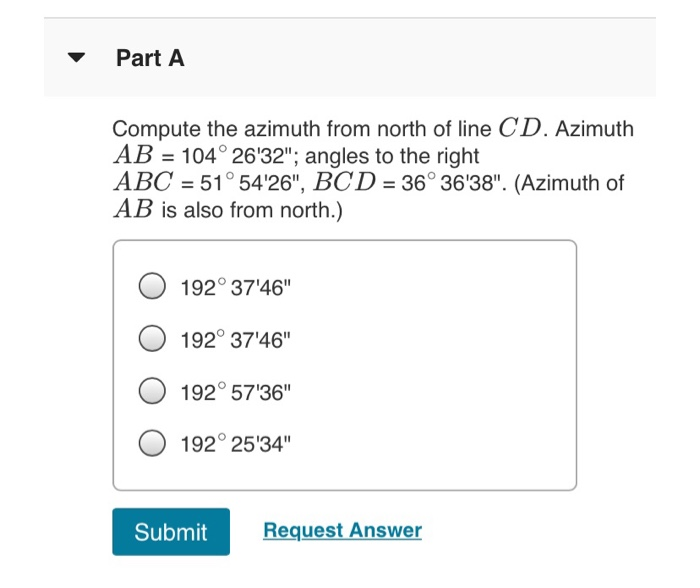 Part A Compute the azimuth from north of line CD. | Chegg.com