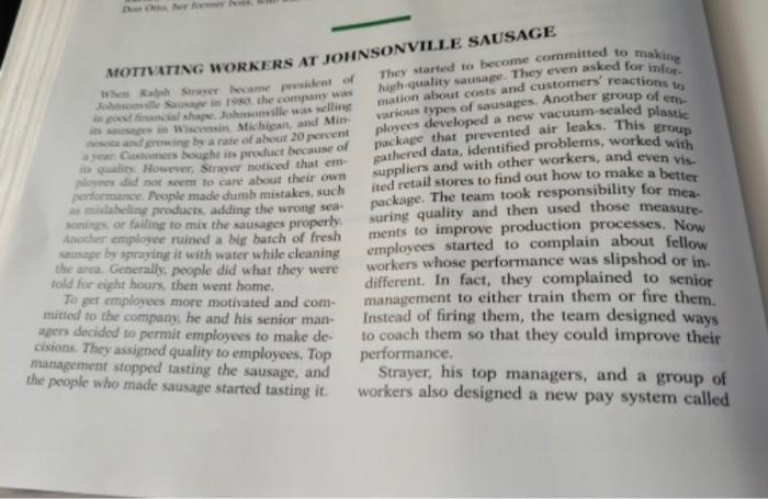 MOTIVATING WORKERS AT JOHNSONVILLE SAUSAGE WKet katph | Chegg.com