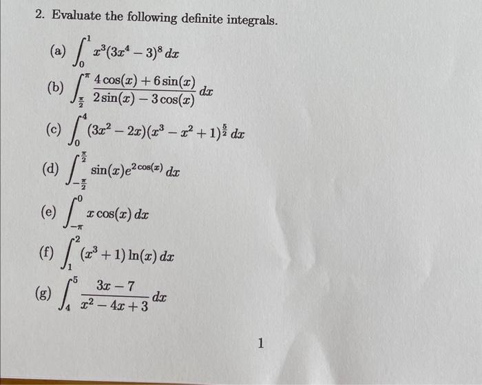 Solved 2. Evaluate the following definite integrals. (a) | Chegg.com