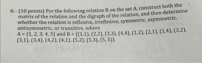 6. (10 points) For the following relation R on the | Chegg.com