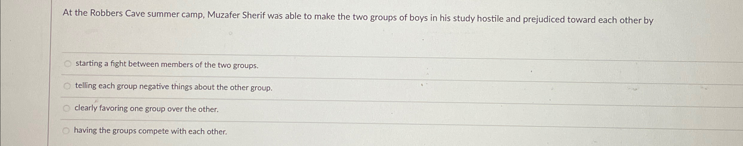 Solved At the Robbers Cave summer camp, Muzafer Sherif was | Chegg.com