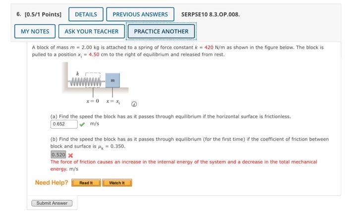 Solved A block of mass m=2.00 kg is attached to a spring of | Chegg.com