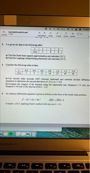 Solved 2. It is given the data in the following table: a) | Chegg.com