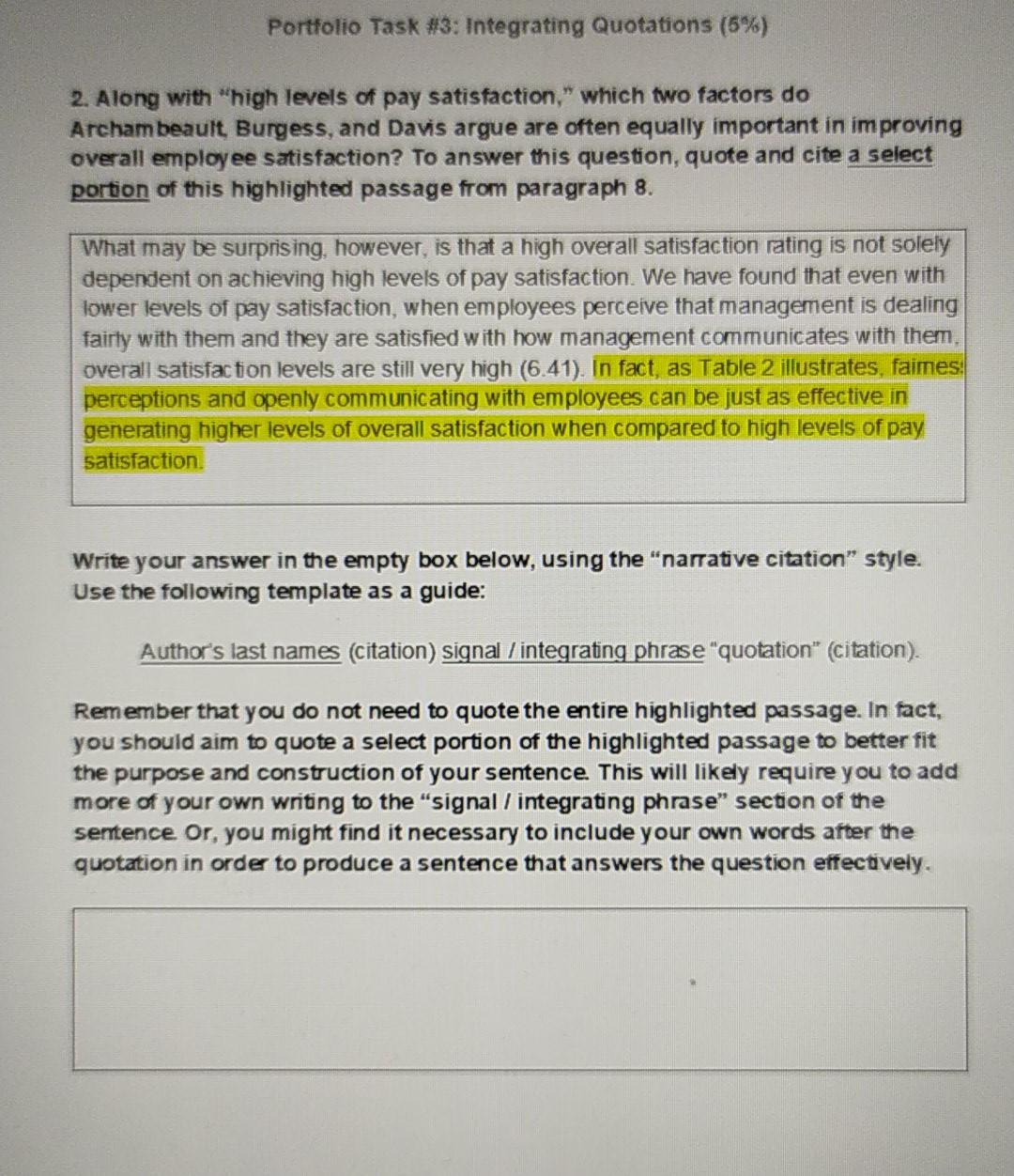 Portfolio Task #3: Integrating Quotations (5%) Your | Chegg.com