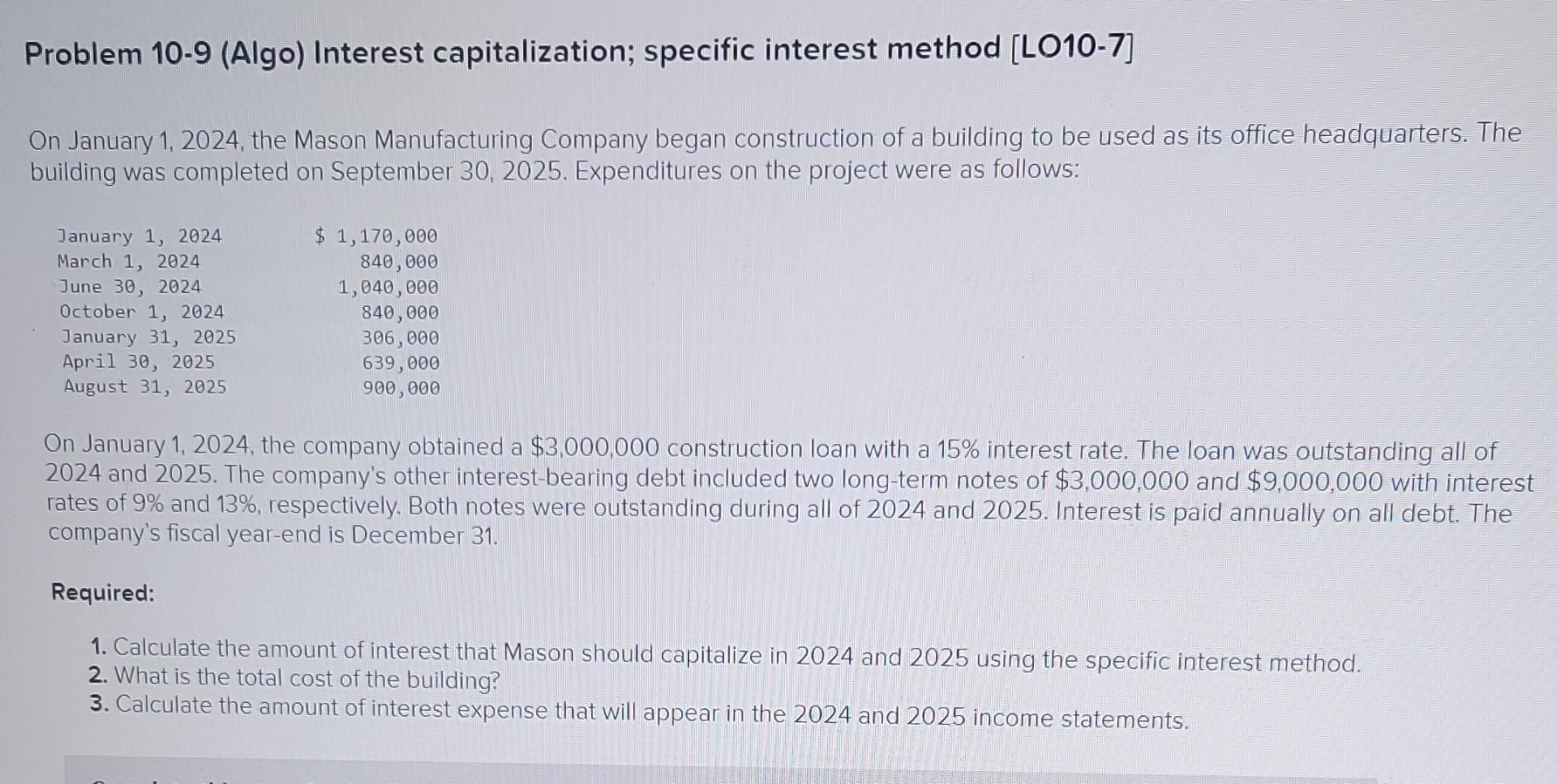 Solved Problem 10-9 (Algo) Interest capitalization; specific | Chegg.com