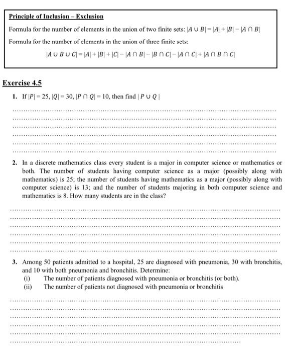 Solved Principle of Inclusion - Exclusion Formula for the | Chegg.com