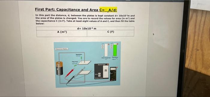 Solved First Part: Capacitance and Area C= ,A/d: In this | Chegg.com