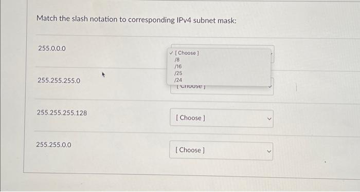 Solved Match the slash notation to corresponding IPv4 subnet | Chegg.com