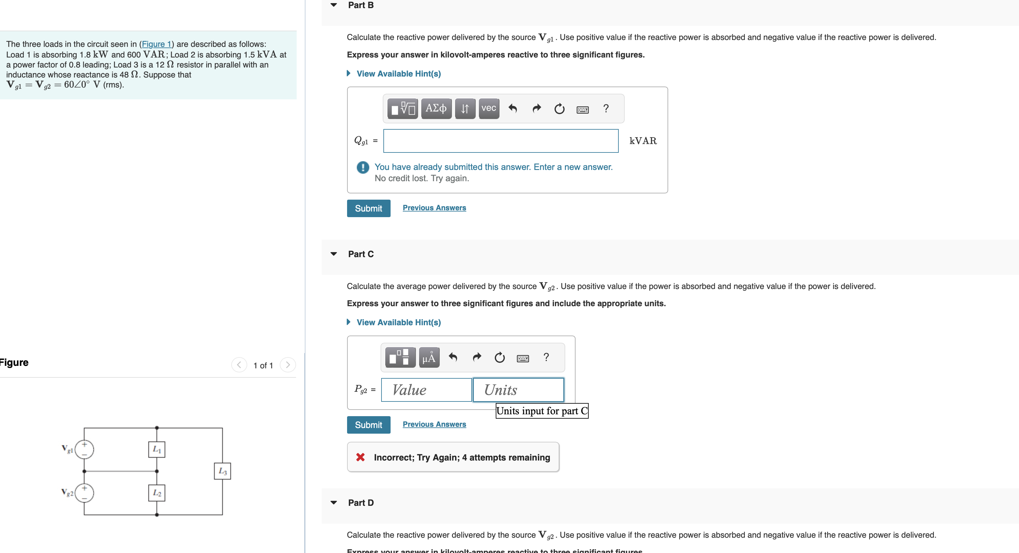 Solved Part BThe three loads in ﻿the circuit seen | Chegg.com
