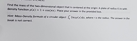 Solved Find the mass of the two-dimensional object that is | Chegg.com