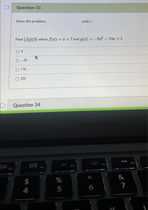 Solved 30 F3 Question 33 Solve the problem. Find (fg) (3) | Chegg.com