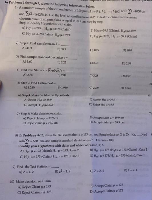 Solved Problems 1 through 7 , given the following | Chegg.com