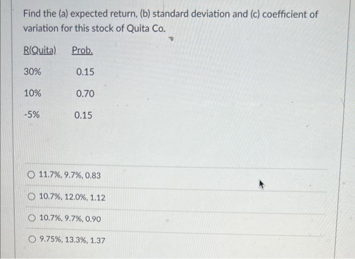 Solved Find the (a) expected return, (b) standard deviation | Chegg.com