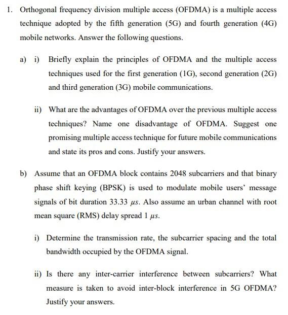 1. Orthogonal frequency division multiple access | Chegg.com