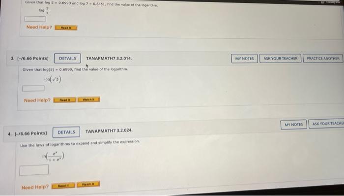 Solved Given that log 5 +0.6990 and 10g -0.8451, find the | Chegg.com