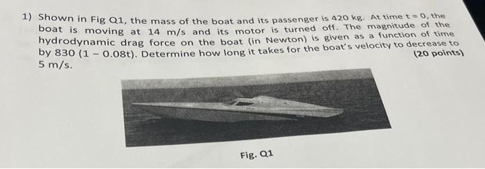 Solved 1) Shown in Fig Q1, the mass of the boat and its | Chegg.com