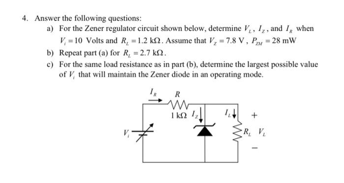 Solved 4. Answer the following questions: a) For the Zener | Chegg.com