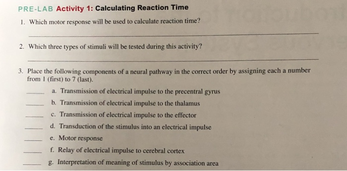 Solved PRE-LAB Activity 1: Calculating Reaction Time 1. | Chegg.com
